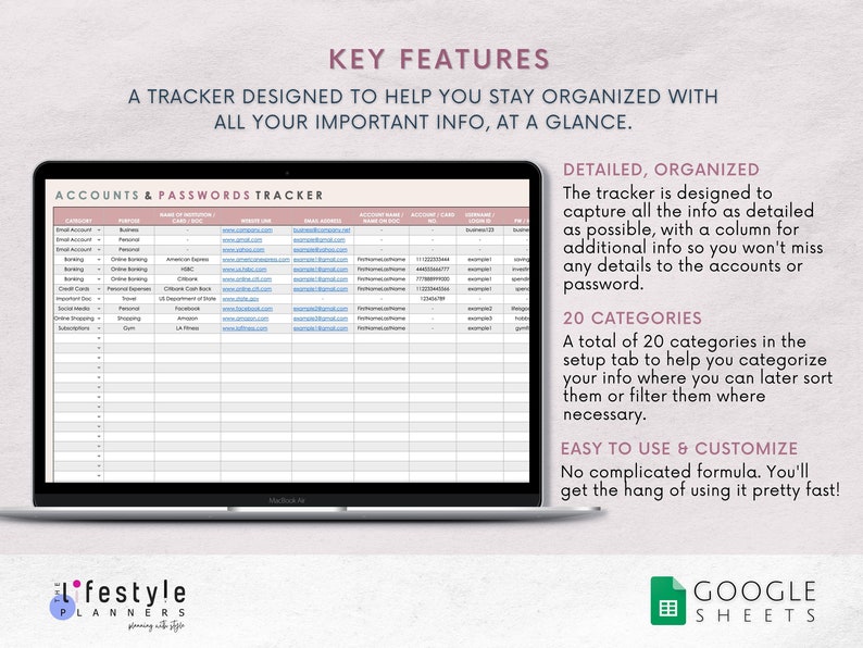 Accounts & Password Tracker All-in-one Google Sheets Template, Password ...