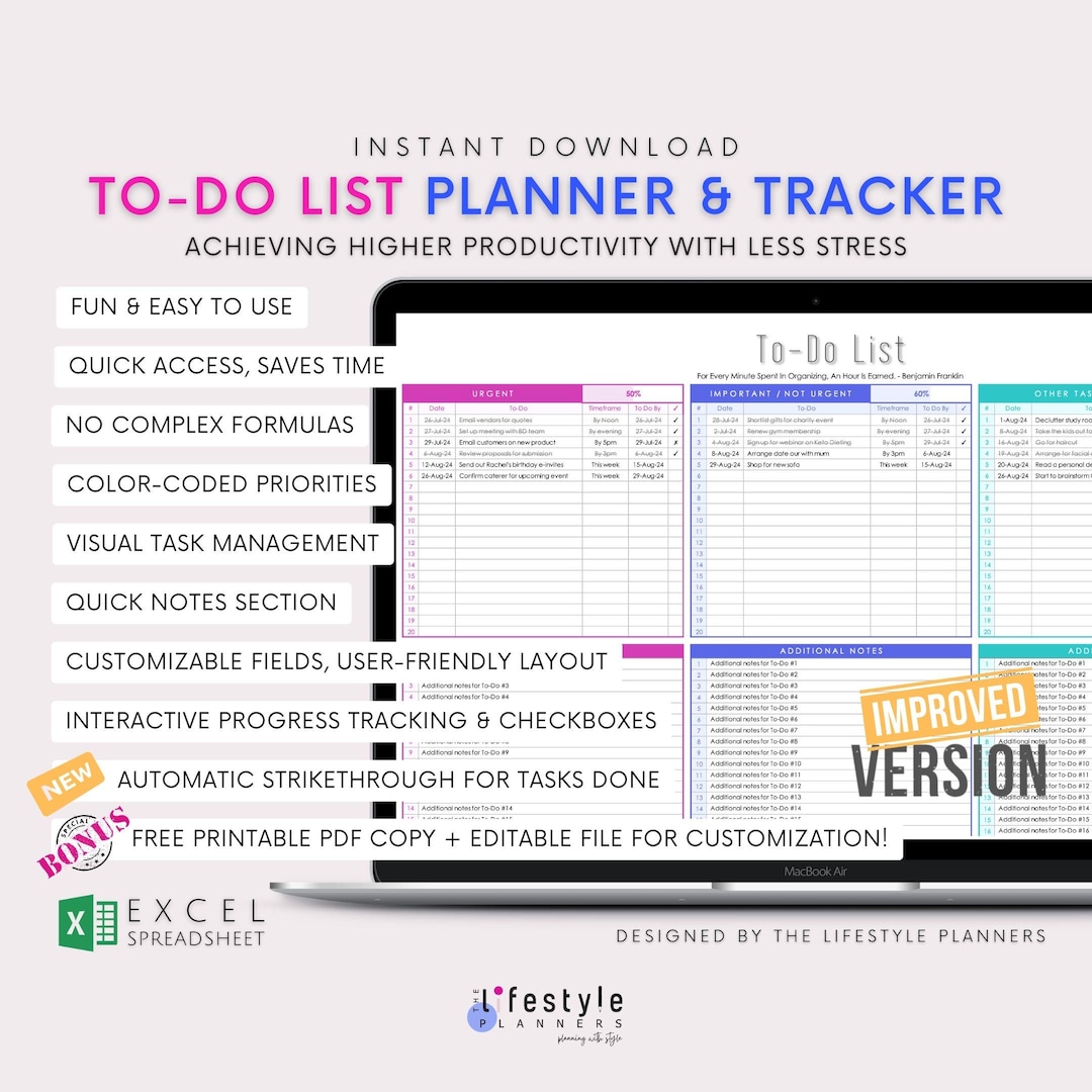 To Do List Excel Planner Productivity Daily Task Tracker Excel Template ...