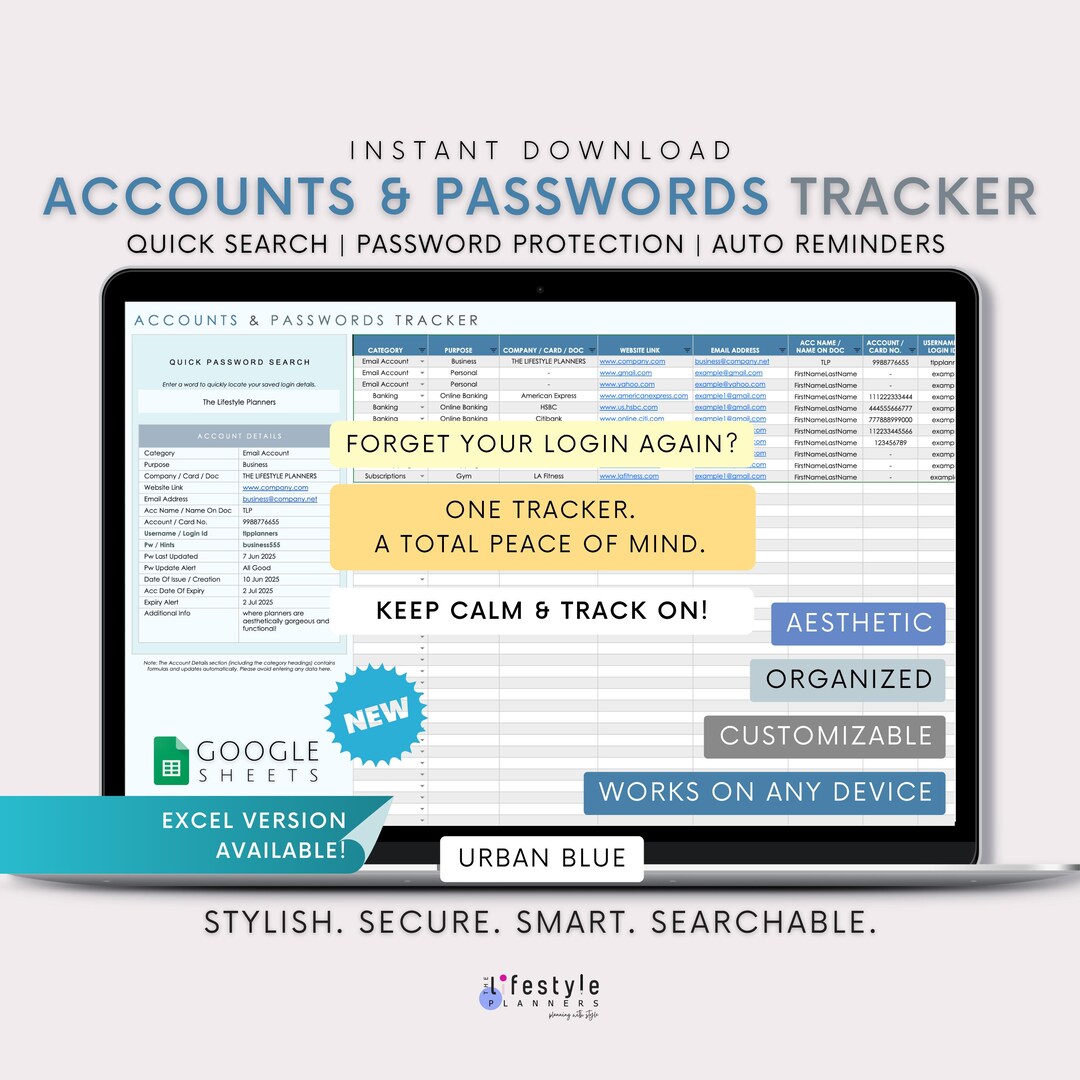 Password Tracker Google Sheet: Urban Blue Digital Password Manager - Etsy
