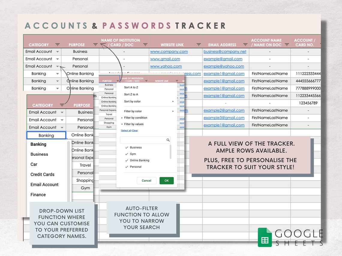 Accounts & Password Tracker All-in-one Google Sheets Template, Password ...