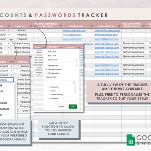 Accounts & Password Tracker All-in-one Google Sheets Template, Password ...
