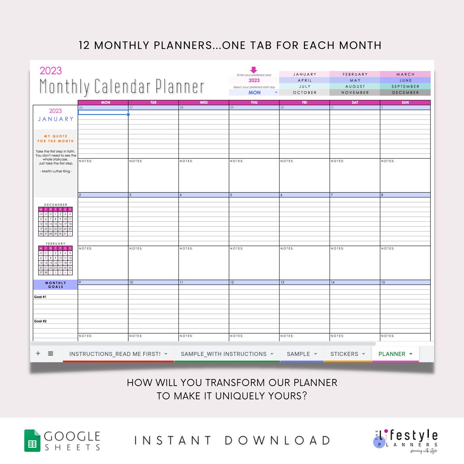 Google Sheets Monthly Calendar Planner: Customizable, Reusable (digital ...