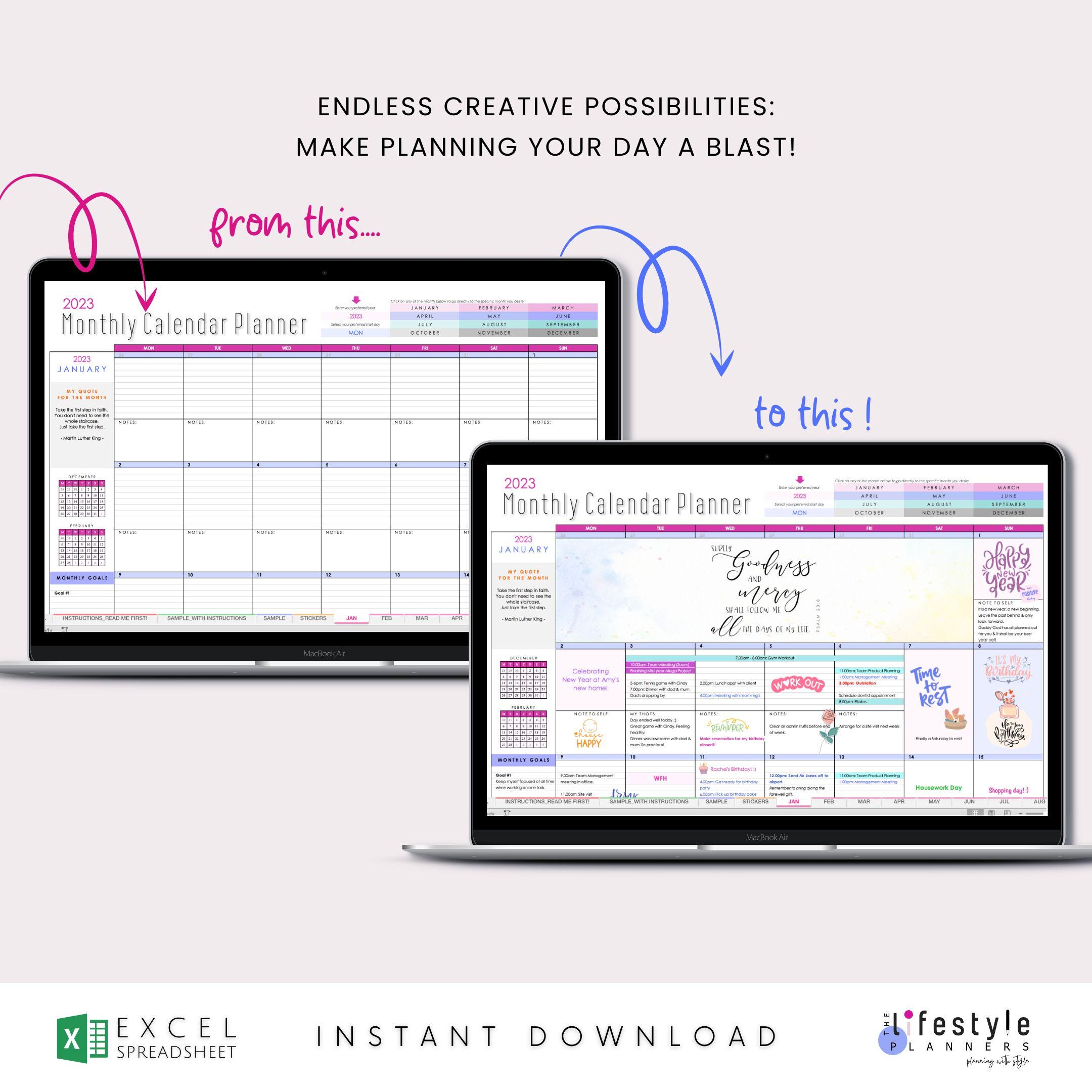 Excel Monthly Calendar Planner: Customizable, Reusable (digital ...