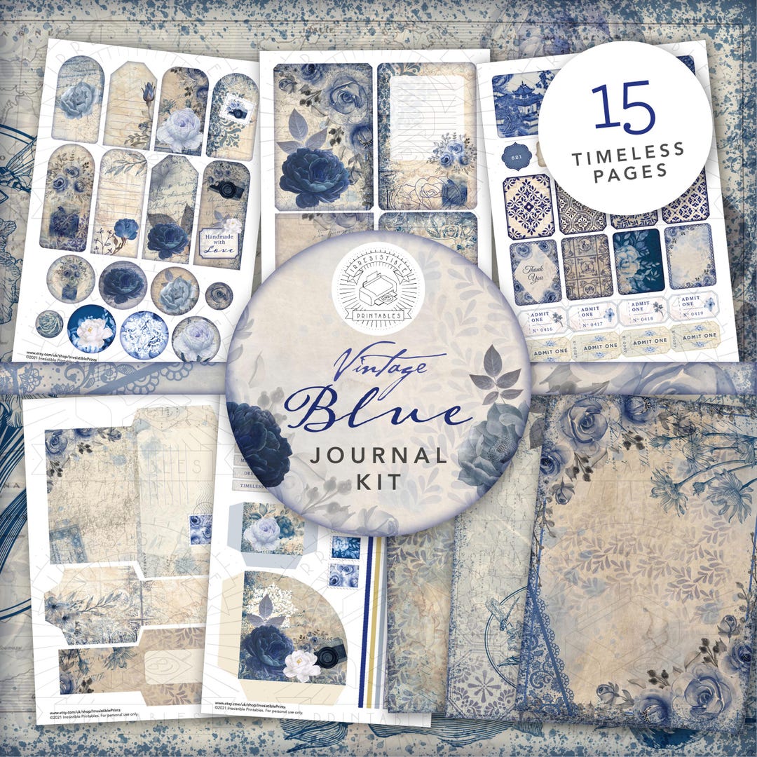 Vintage Blue Junk Journal Printable Kit: Digital Download, Lace, Blue ...