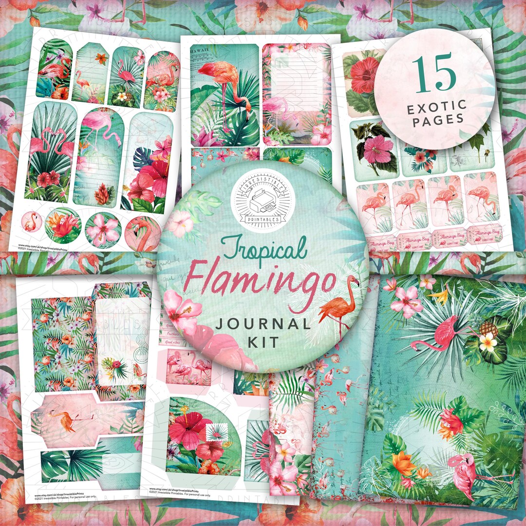 Tropical Flamingo Junk Journal Kit: Ephemera, Postcards (digital ...