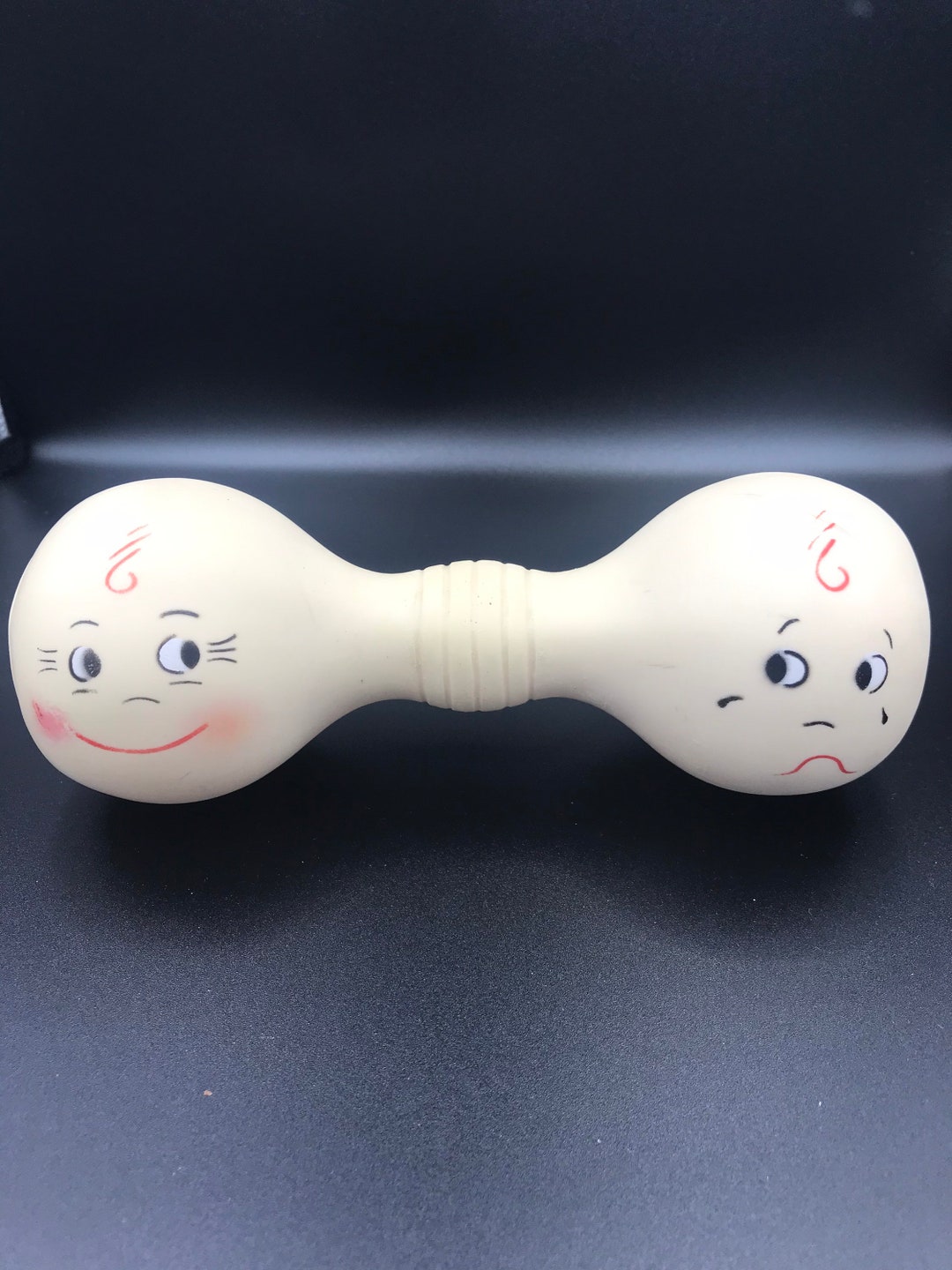 Vintage Rubber Squeak Toy Barbell Happy/sad Face Signed - Etsy