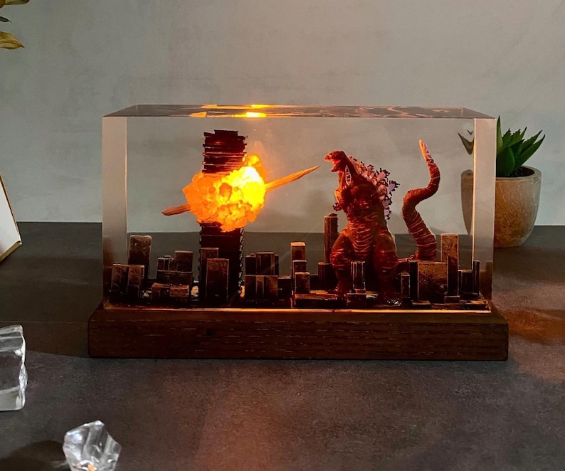 Gozi.lla Monster in the City Epoxy Lamp Atomic Breath Resin Lamp Gaint ...