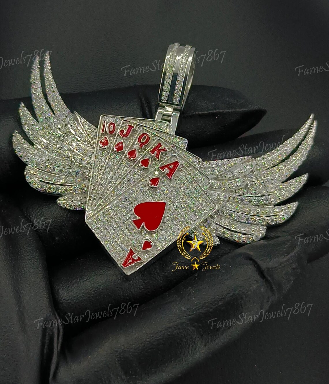 Ace of Spade Cards Flying Wings With Enamel Custom Men's Pendant, 925 ...