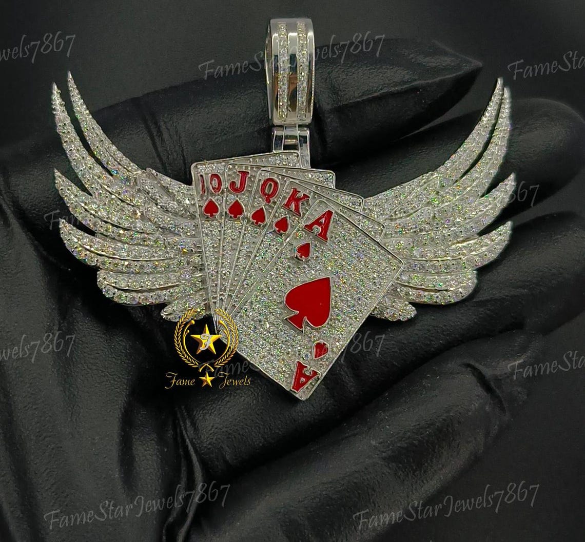 Ace of Spade Cards Flying Wings With Enamel Custom Men's Pendant, 925 ...