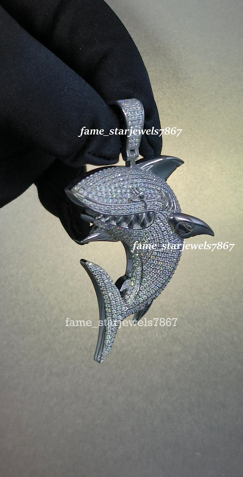 Men's 3D Shark Charm Pendant Cubic Zirconia VVS1/D Round Diamond ...