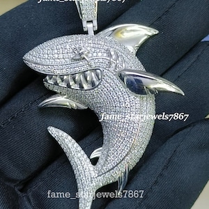Men's 3D Shark Charm Pendant Cubic Zirconia VVS1/D Round Diamond ...