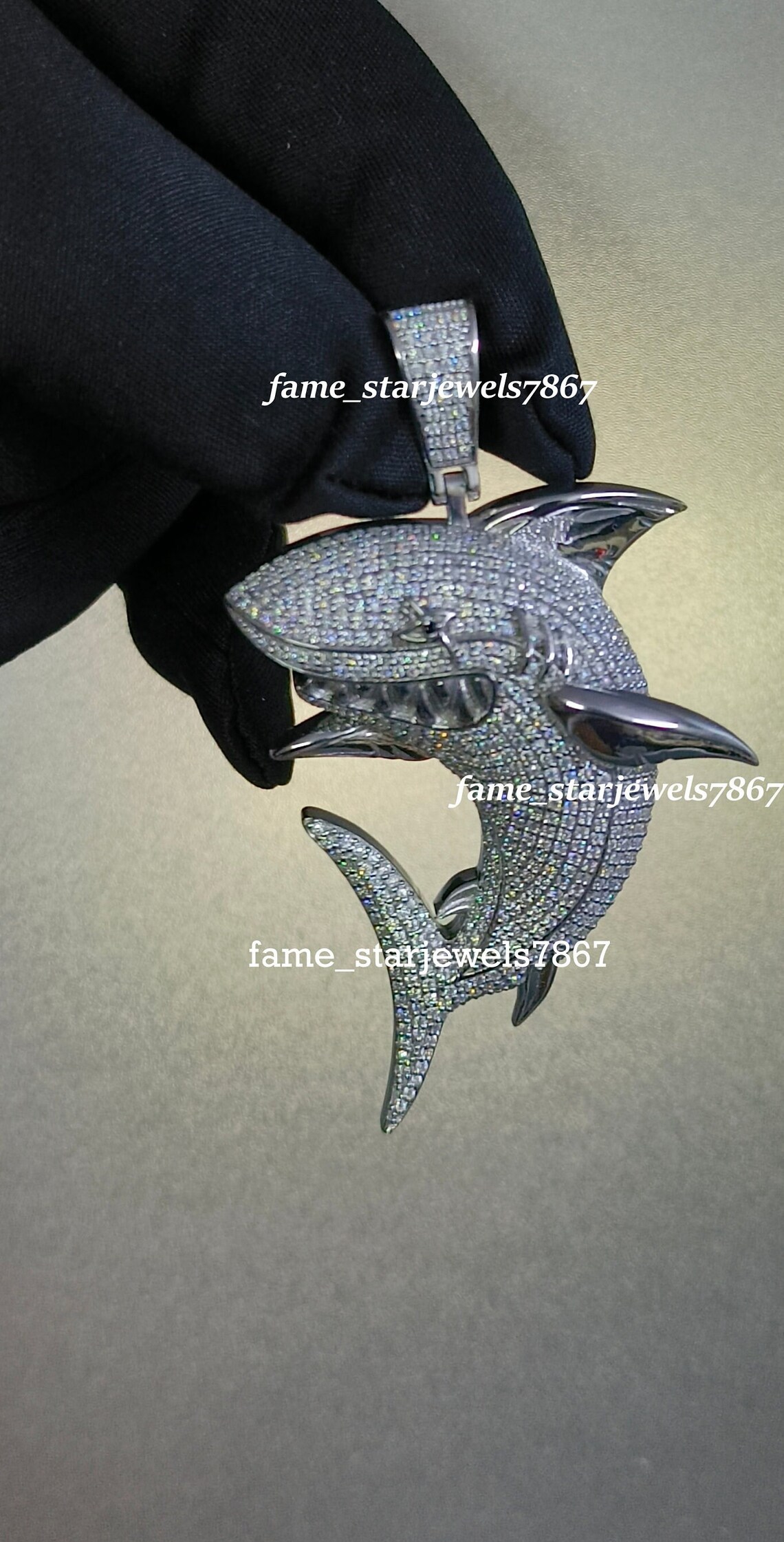 Men's 3D Shark Charm Pendant Cubic Zirconia VVS1/D Round Diamond ...