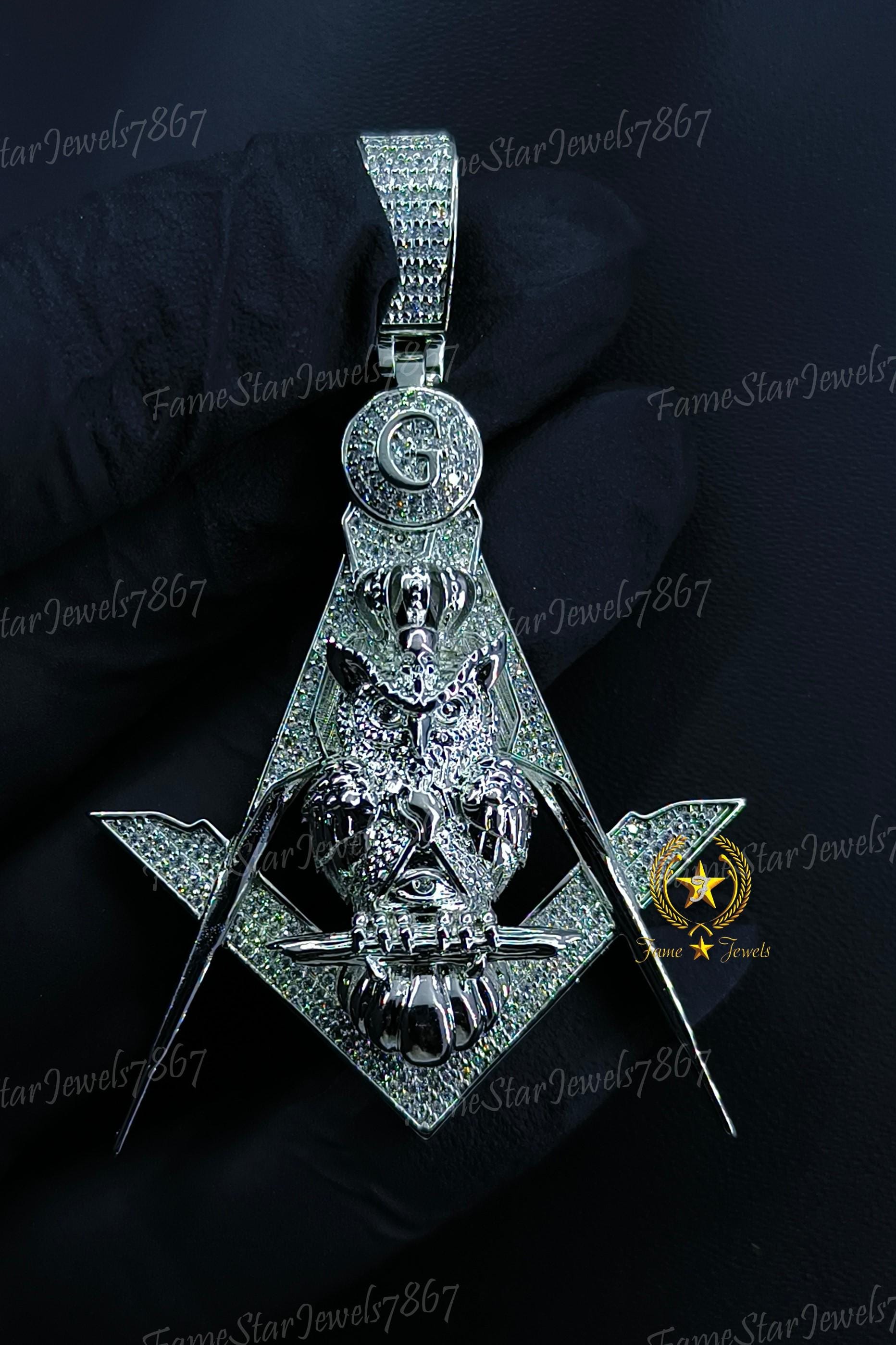Masonic Freemason Compass With Owl Charm Pendant in Solid 925 Sterling ...