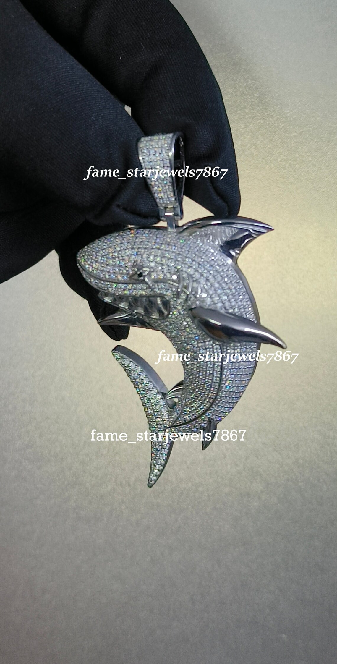 Men's 3D Shark Charm Pendant Cubic Zirconia VVS1/D Round Diamond ...