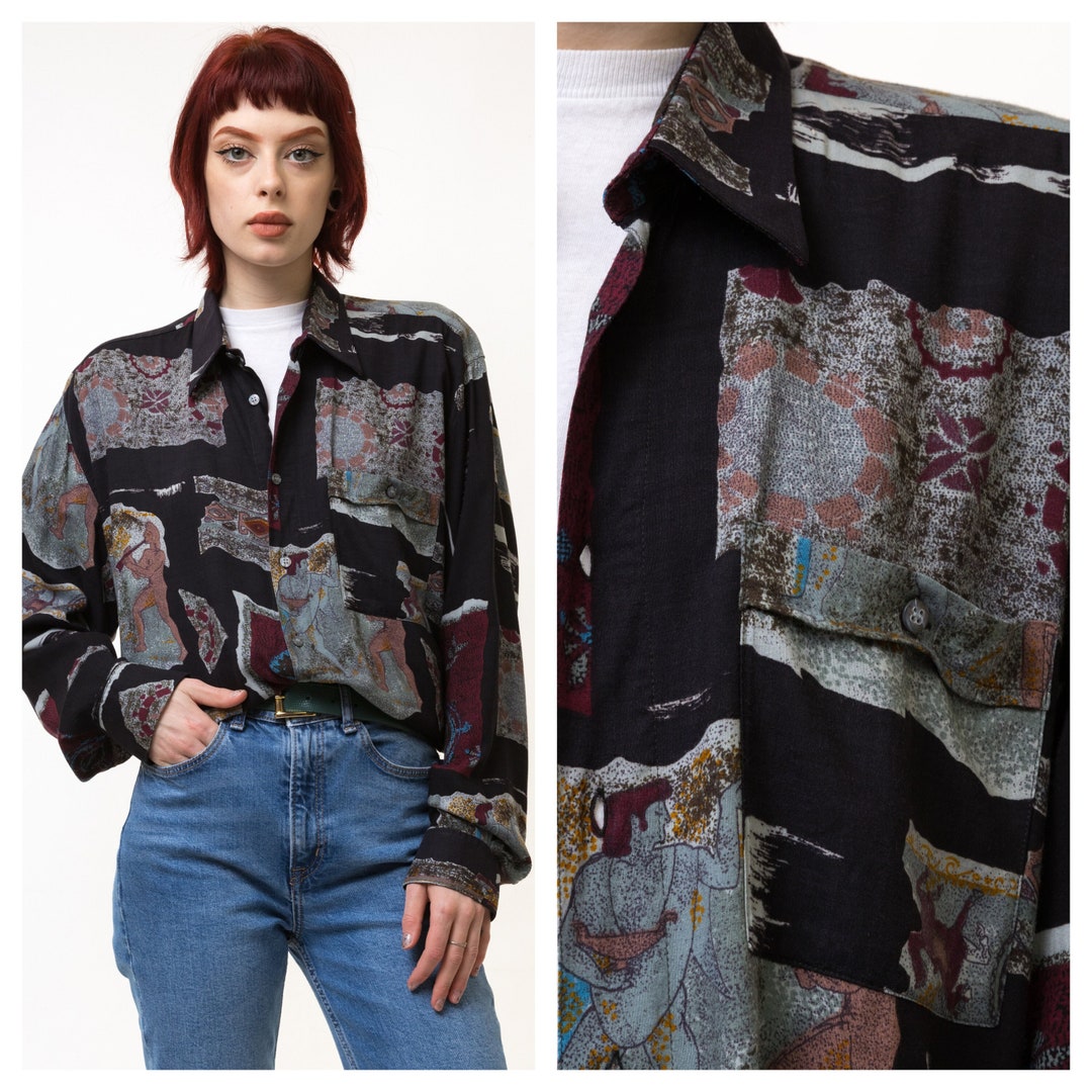 80s Vintage Viscose Abstract Pattern Natural Fabric Long Sleeve in ...