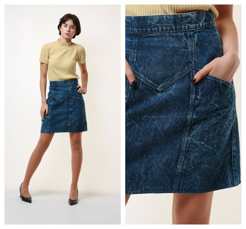 80s Vintage Acid Wash Denim Mini Skirt Zip 1973 Size S Etsy