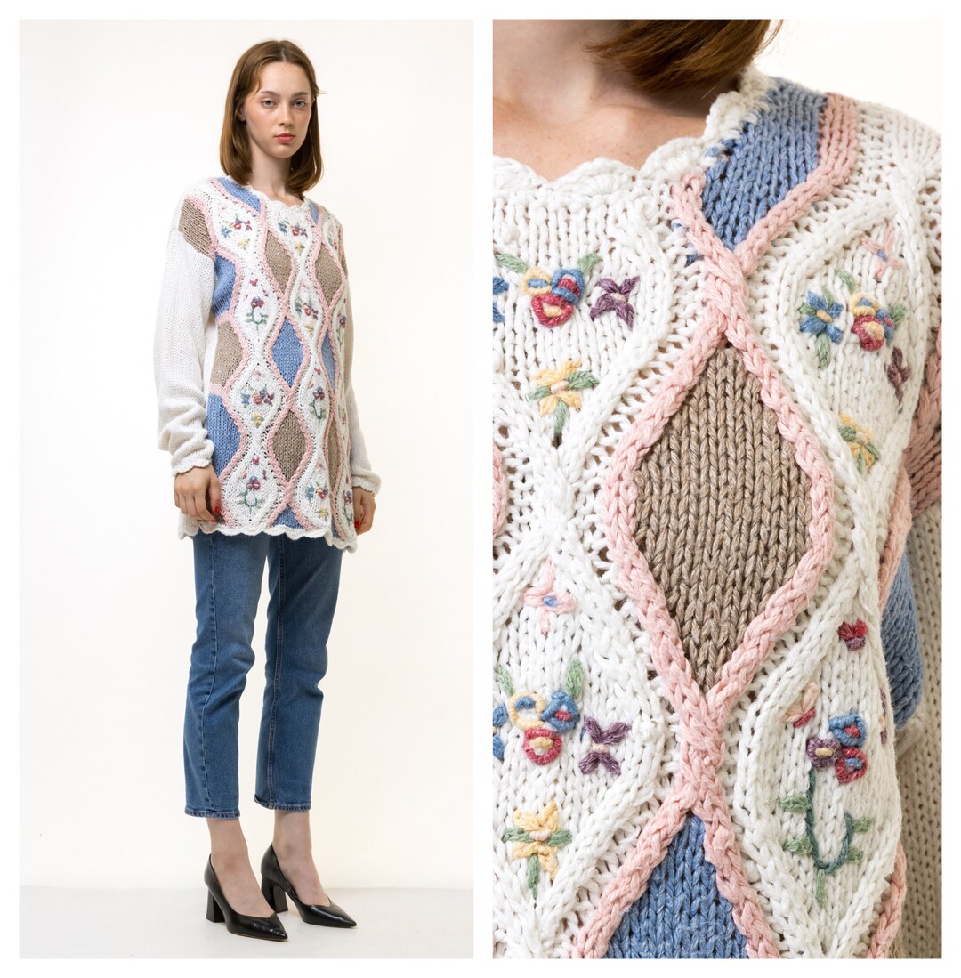 Vintage White Knitted Embroidered Women's Ramie Sweater Embroidered ...