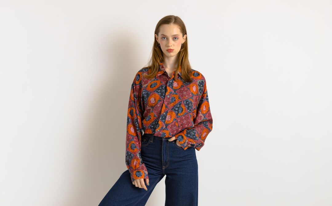 1980 80s Vintage Unisex Man Silk Blouse, Vintage Multicolor Paisley ...