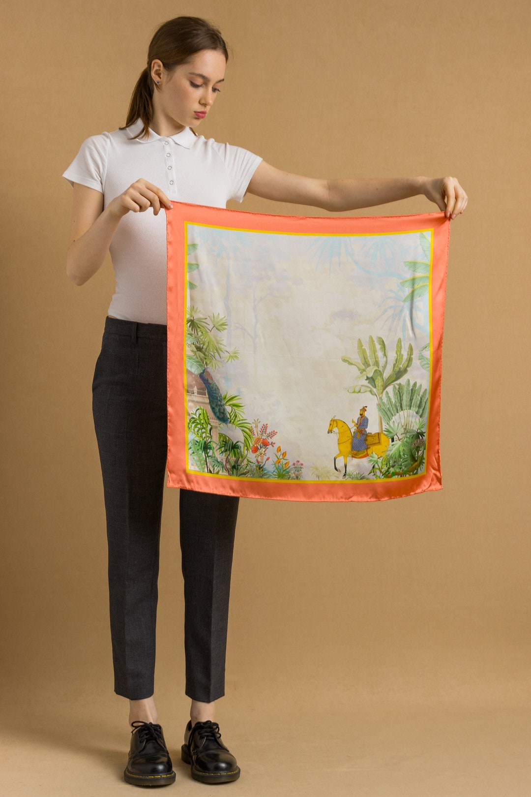 80s Vintage Hand Printed Ethno Style Pure Silk Seta Seide Soie Indian Pattern Square 66cm on ...