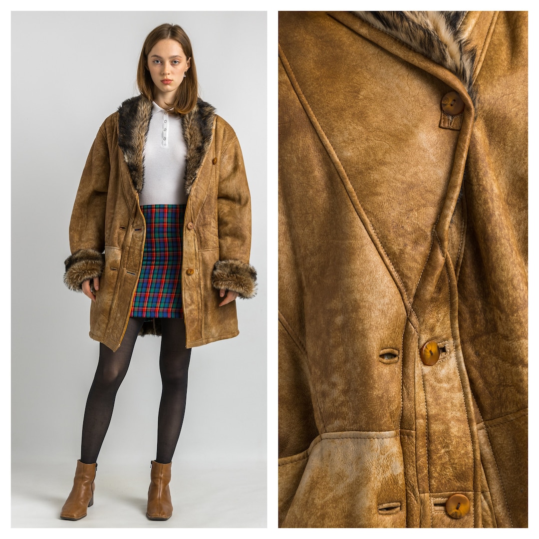 Sheepskin Leather Coat 80s, Size L Brown Shearling Fur Coat, Brown ...