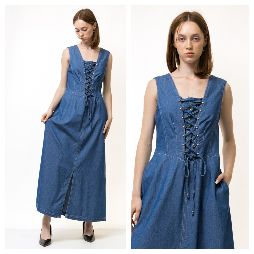 Vintage Austrian Dirndl Dress With Short Sleeves Denim Zip Fastens Down ...