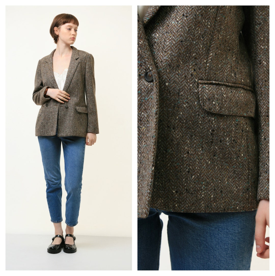 80s Vintage Vtg Rare Pure Wool Woolmark Gray Check Long Maxi Blazer ...