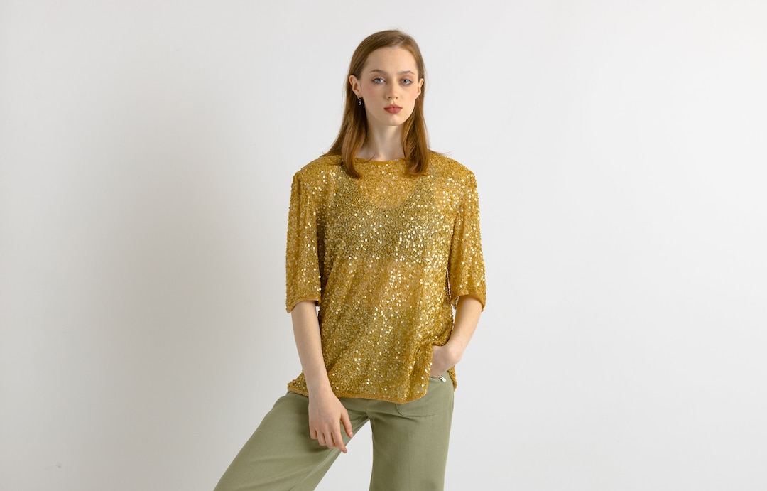 1980s Sequins Gold Tunic / Woman Gold Sequins Top/ Evening Clothing ...