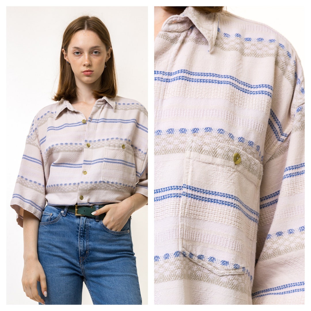 80s Vintage Viscose Abstract Pattern Natural Fabric Short Sleeve in ...