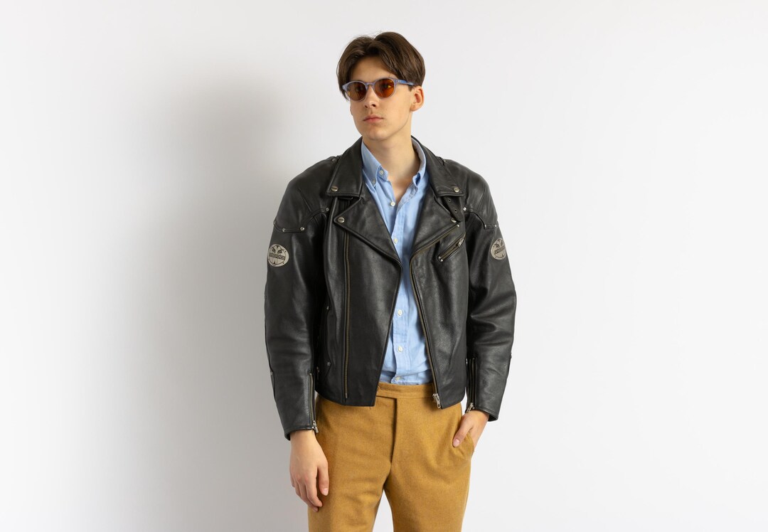 80s Vintage Moto Biker Protect Black Lined Leather Unisex Man Bomber ...