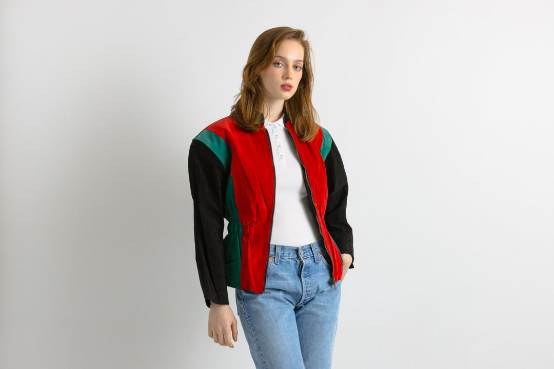 80s Vintage Leather Bomber Biker Colorblock Zip up Outwear Autumn ...