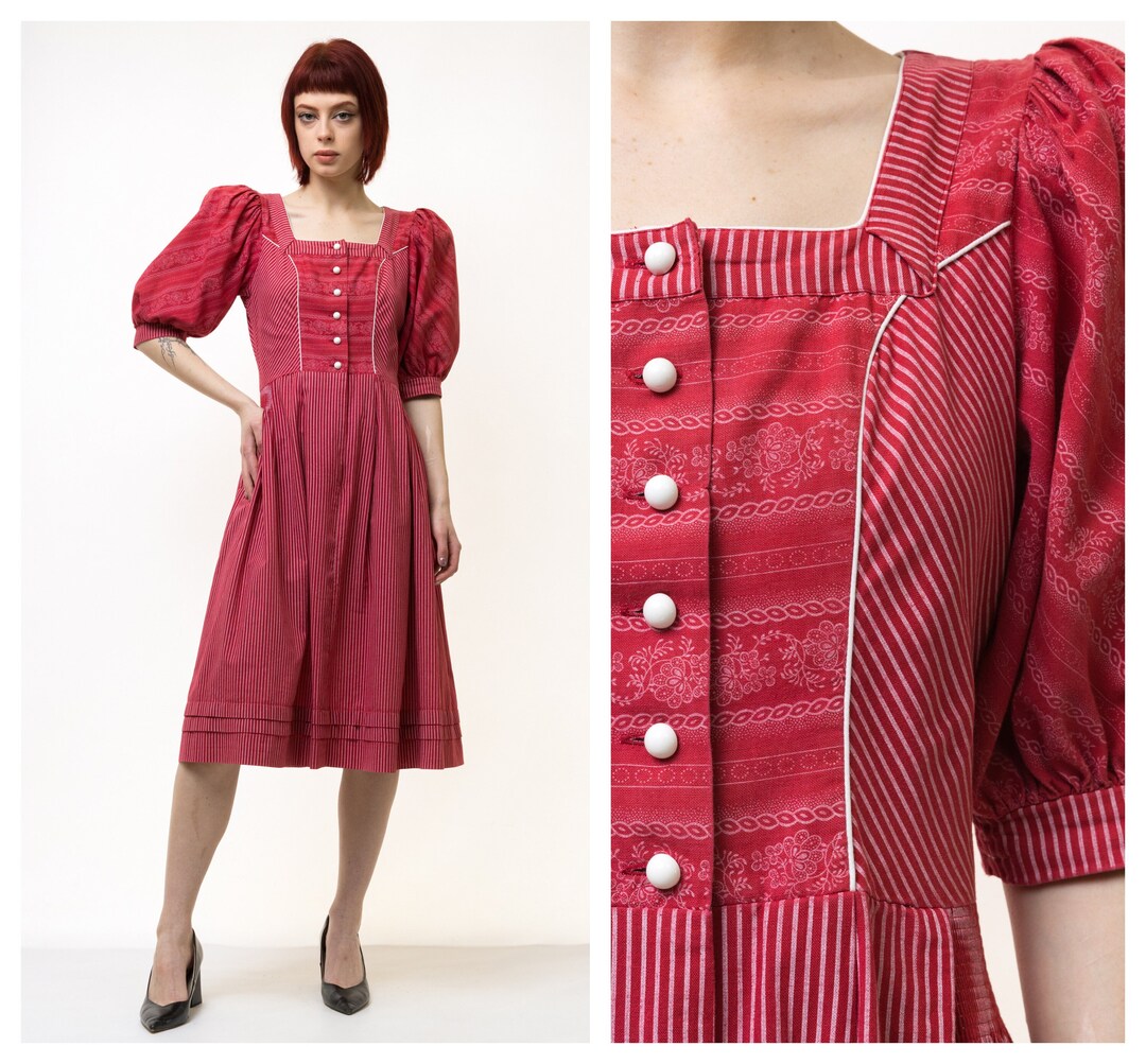 Vintage Austrian Dirndl Dress With Short Sleeves Buttons Fastens Down ...