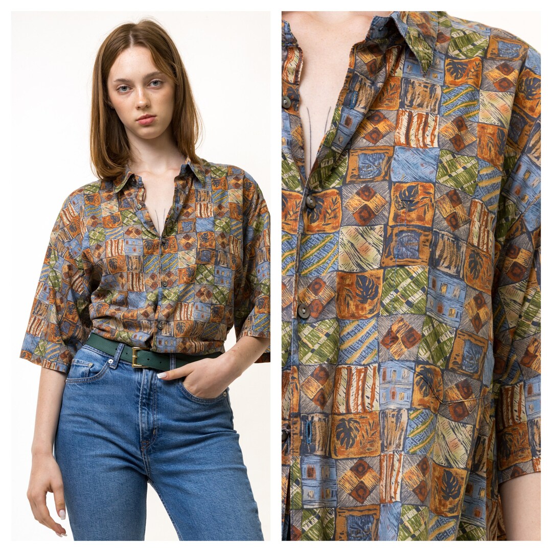 80s Vintage Viscose Abstract Pattern Natural Fabric Short Sleeve in ...