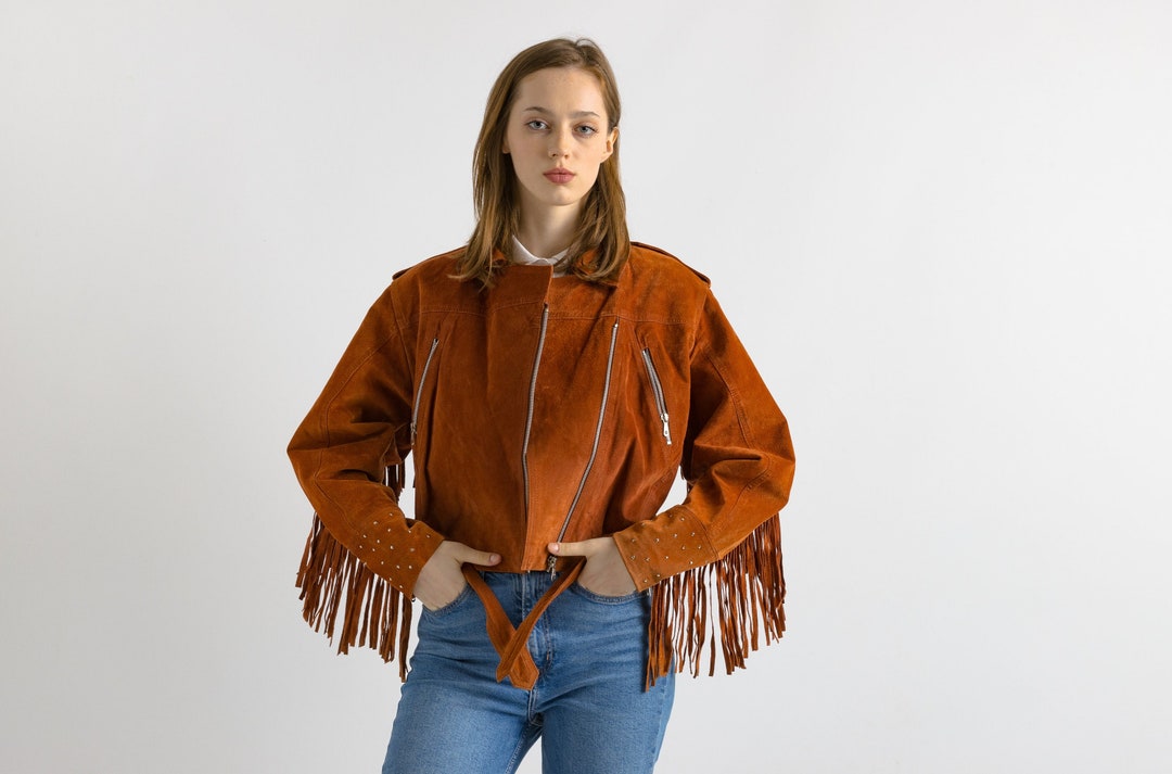 Western Suede Fringed Jacket for Women, Classic Short Cowhide Jacket ...