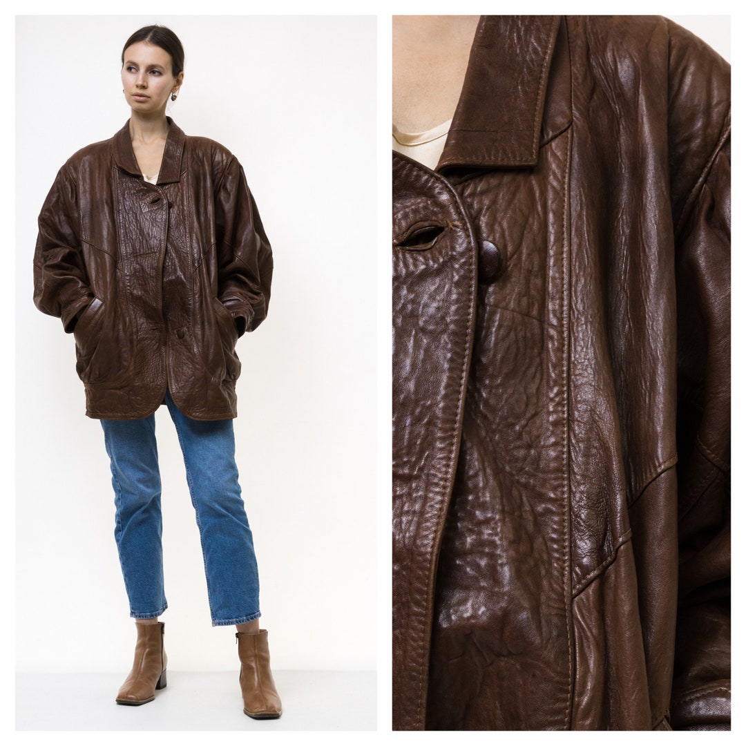 Women Leather Jacket 80s Leather Trench Coat Minimalist - Etsy