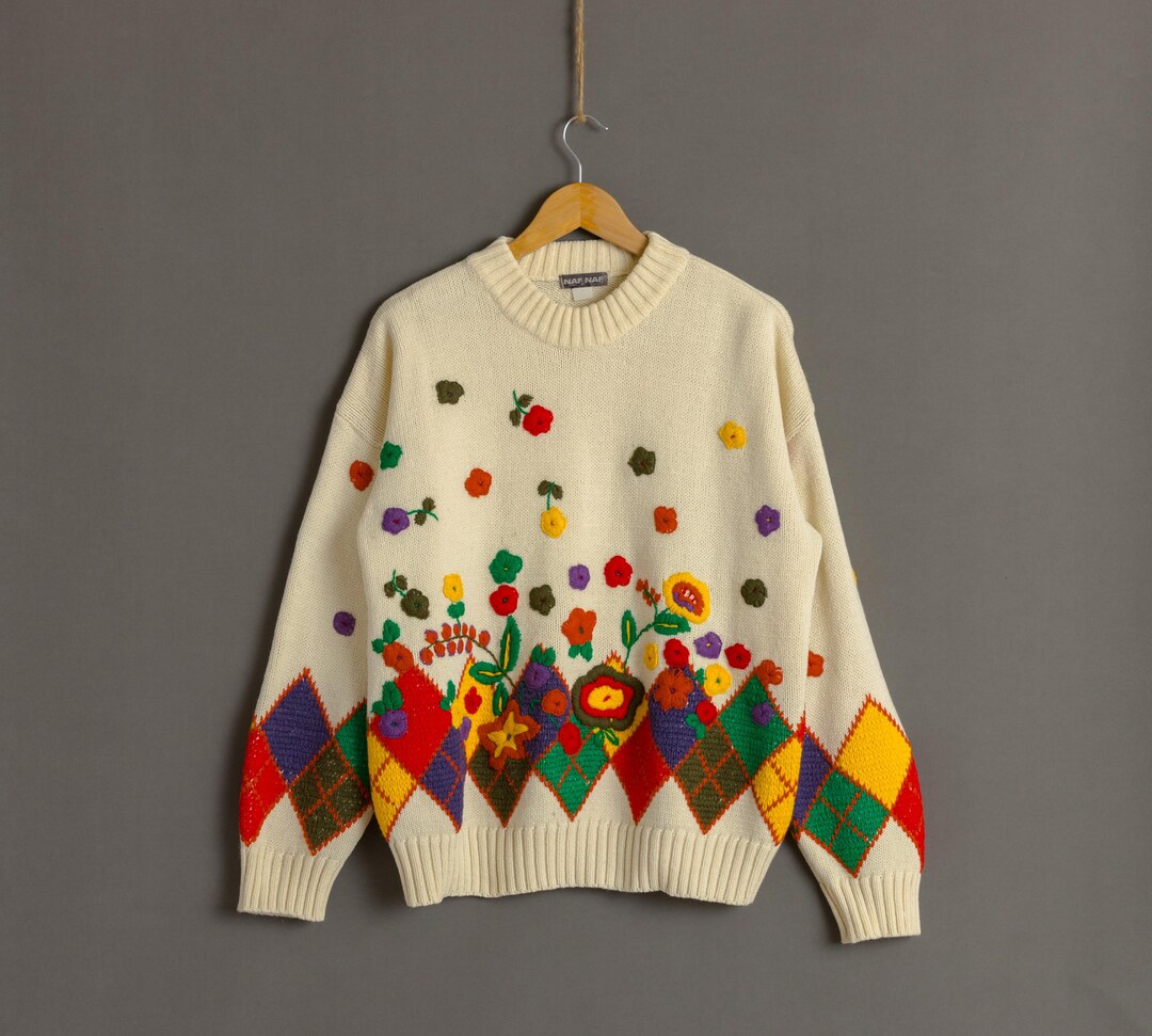 80s Vintage NAF NAF Sweater Floral Embroidery Oversized Pullover Unisex ...