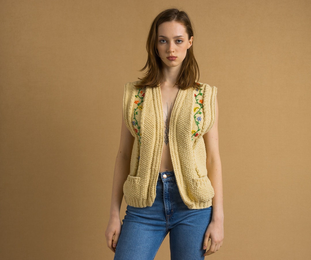 Unique Lovely Beige Vintage Vest With Popcorn Embroidered Knitted Vest ...