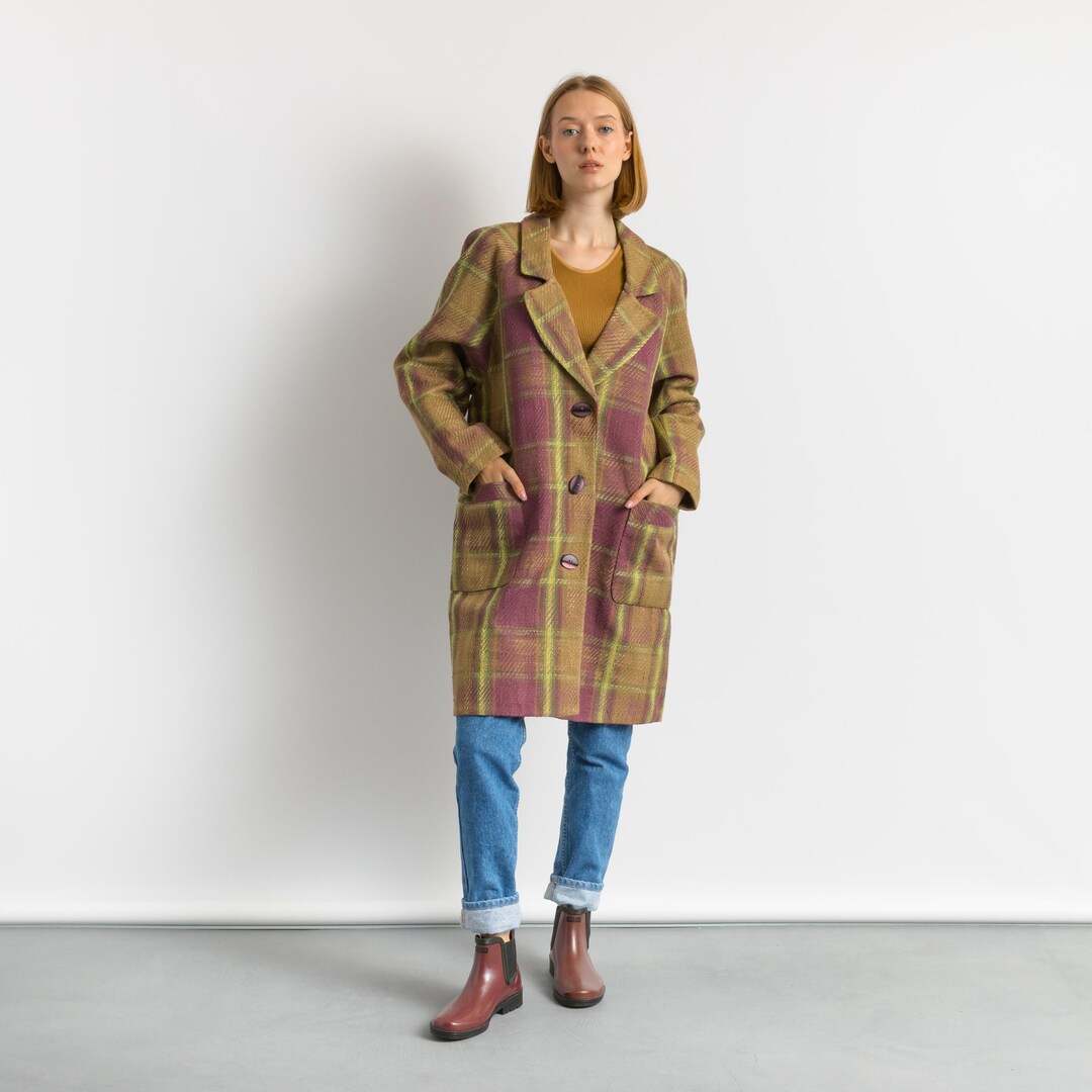 80s Check Linen Coat Women Vintage 80s Spring Fall Coat Long Wool Coat ...