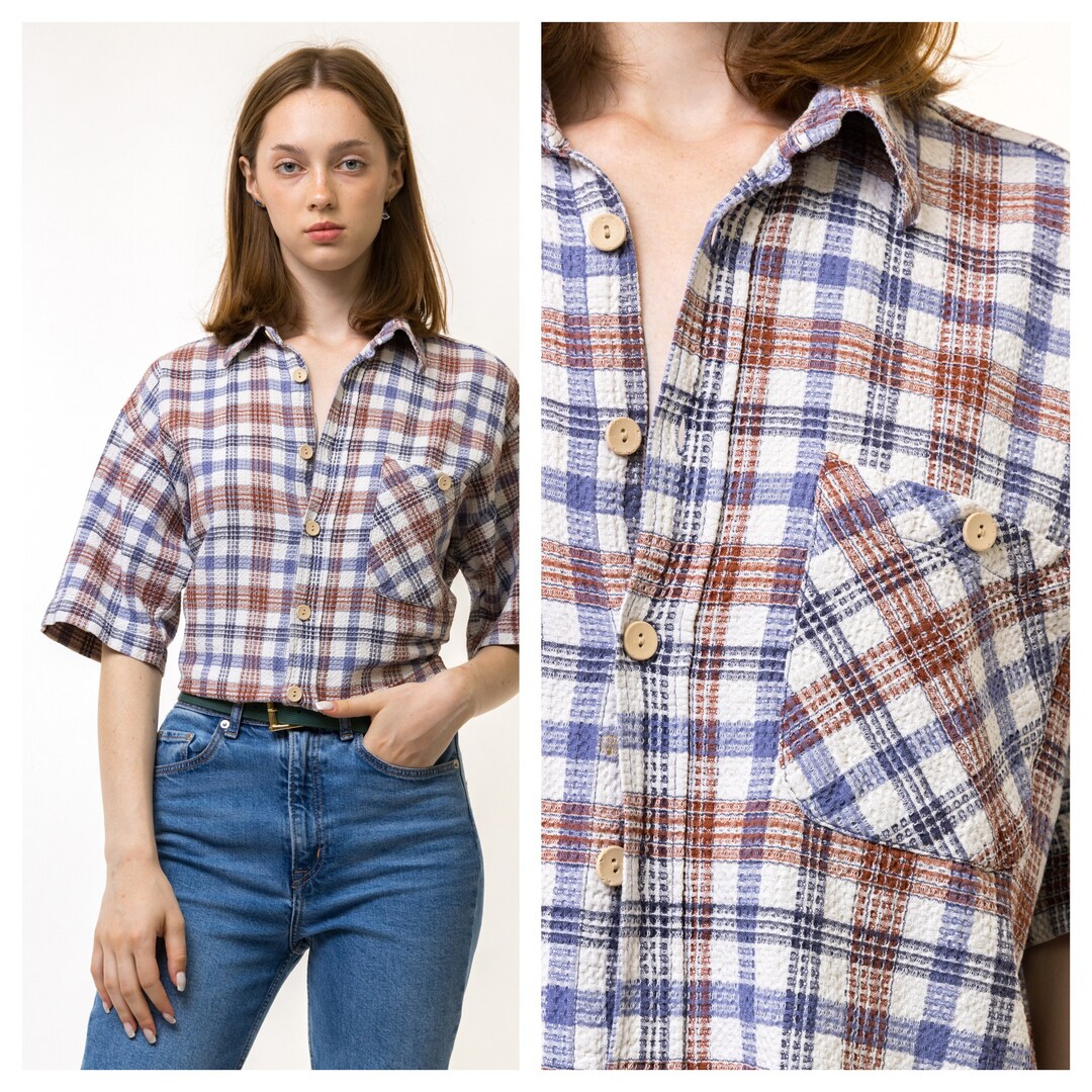 80s Vintage Cotton Flannel Checked Pattern Natural Fabric - Etsy