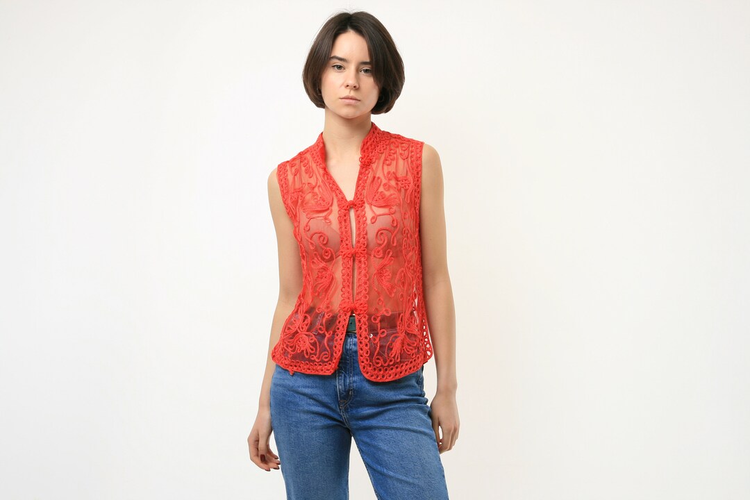 80s Vintage Woman Cheongsam Lace Red Top Blouse Size S Small 3838 ...