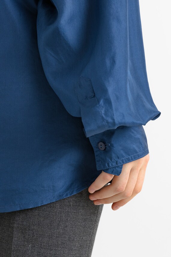 1980 80s Vintage Unisex Man Silk Blouse, Vintage Blue… - Gem