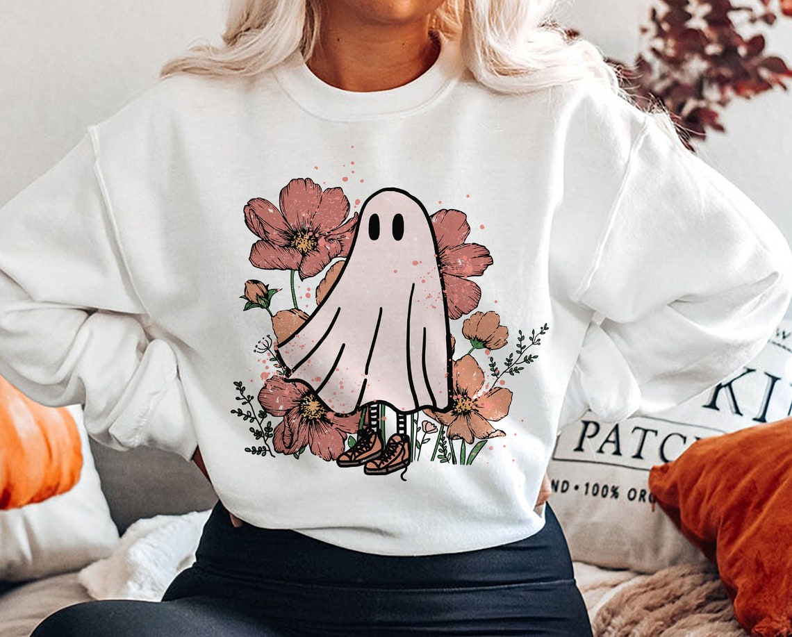 Vintage Floral Ghost Sweatshirt Cute Woman Halloween Sweater - Etsy