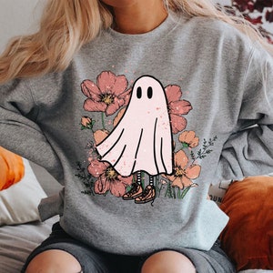 Vintage Floral Ghost Sweatshirt, Cute Woman Halloween Sweater, Ghost ...
