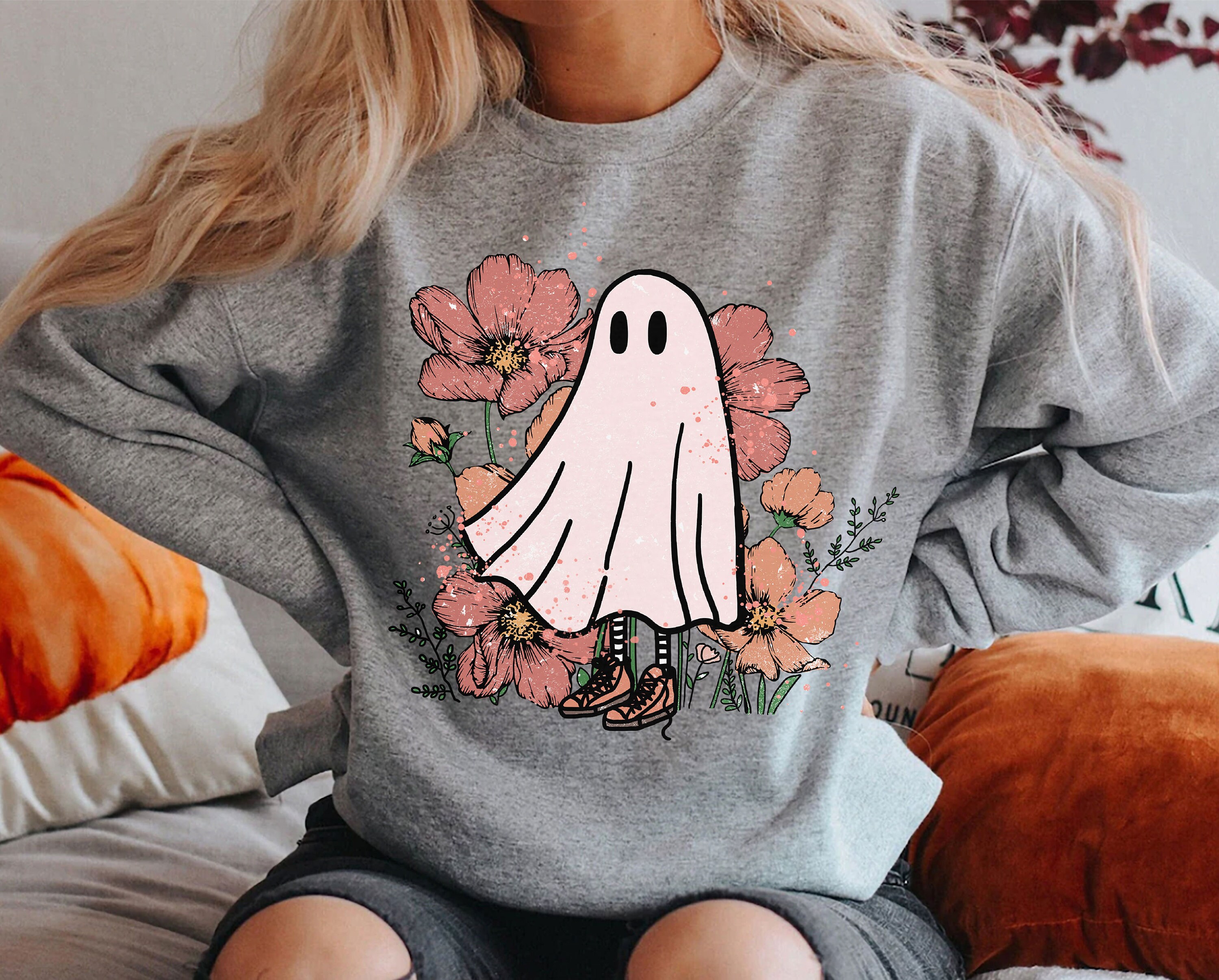 Vintage Floral Ghost Sweatshirt Cute Woman Halloween Sweater - Etsy