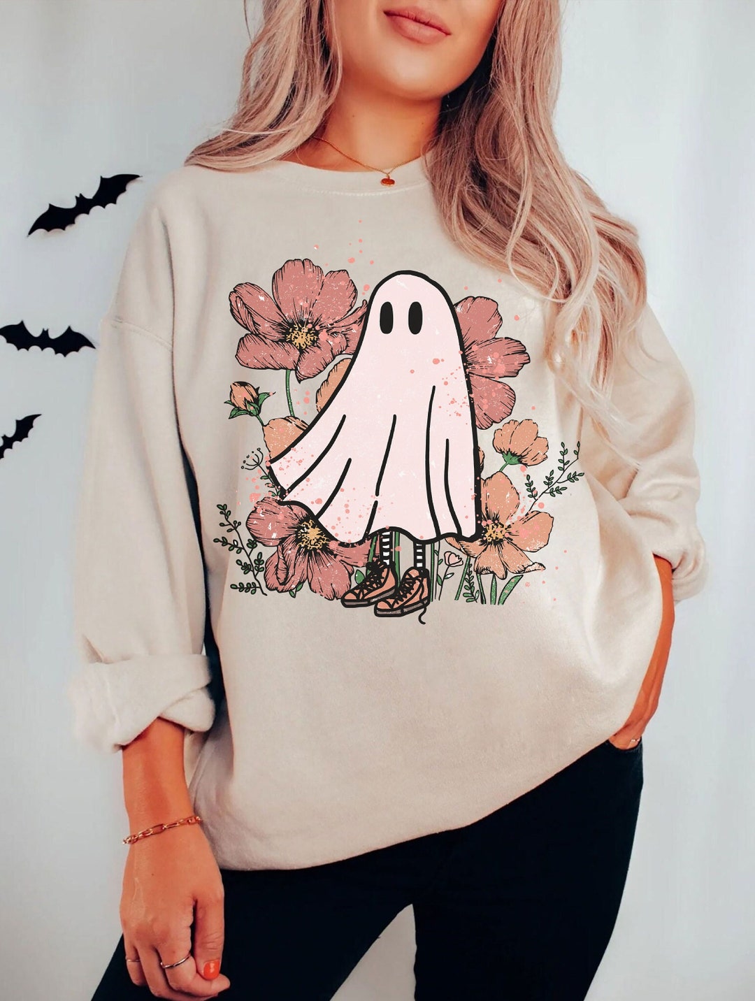 Vintage Floral Ghost Sweatshirt, Cute Woman Halloween Sweater, Ghost ...