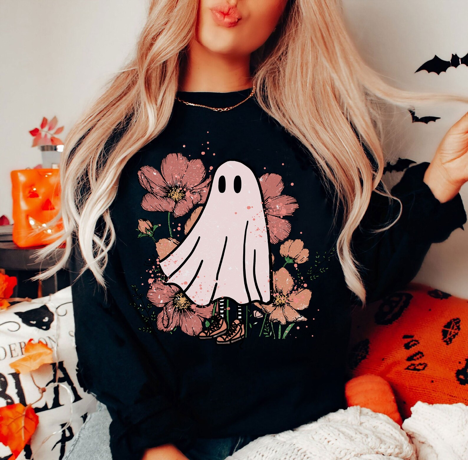 Vintage Floral Ghost Sweatshirt Cute Woman Halloween Sweater - Etsy