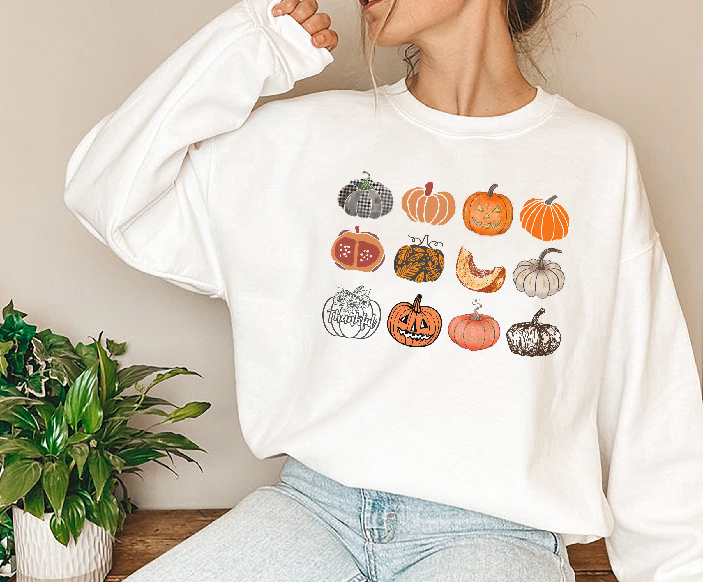 Pumpkin Sweatshirt, Pumpkin Graphic Sweater, Cute Pumpkin Faces, Fall ...