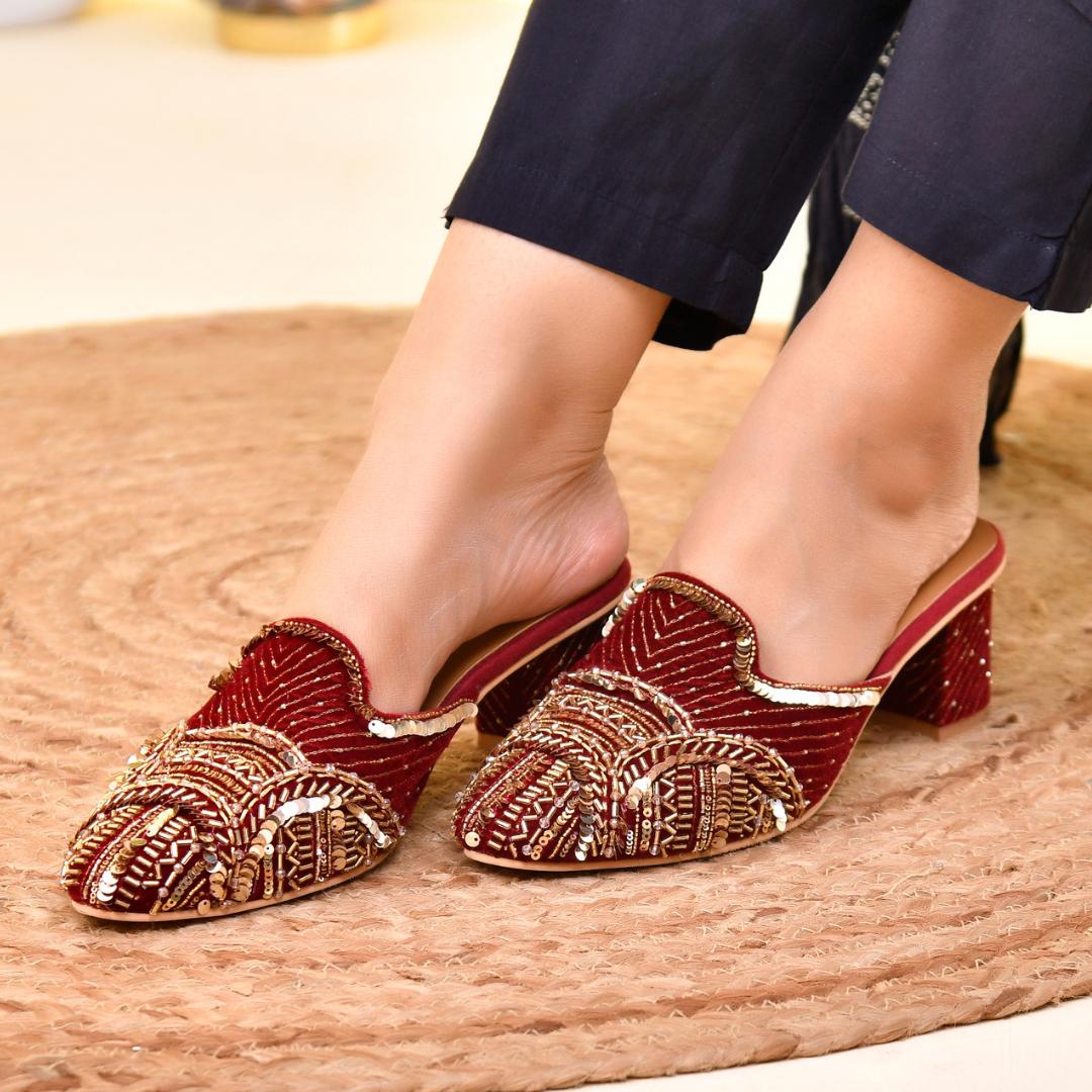Wine Red Embellished Sandals | Hand Embroidered | Women's Velvet Shoes ...