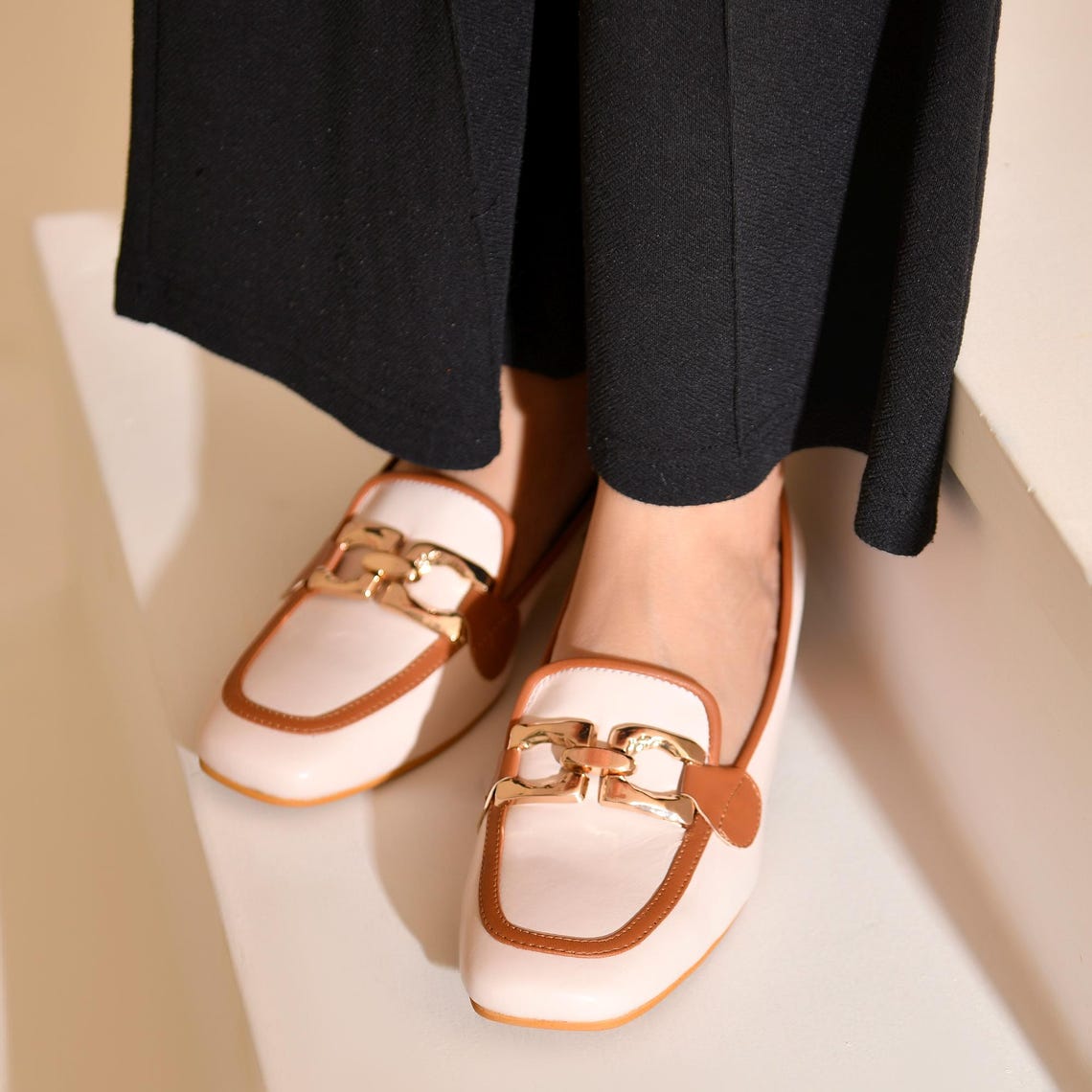 Women's Ivory Broad Toe Loafers | Closed Back Block Heels | Formal Wear ...