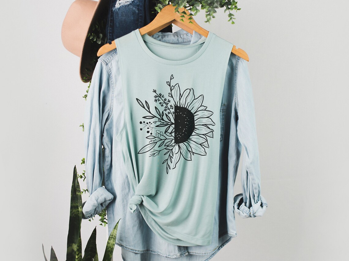 Sunflower Tank, Botanical Floral Muscle Tank Top, Wildflower Shirt ...