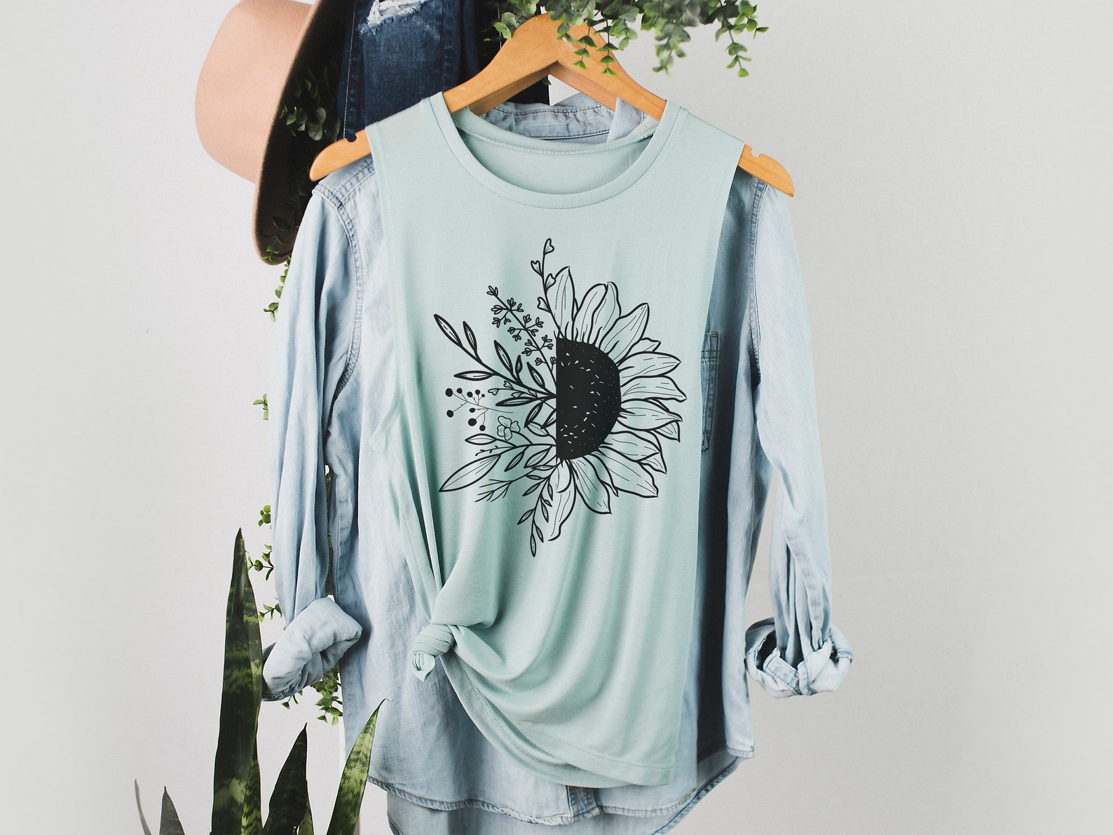 Sunflower Tank, Botanical Floral Muscle Tank Top, Wildflower Shirt ...